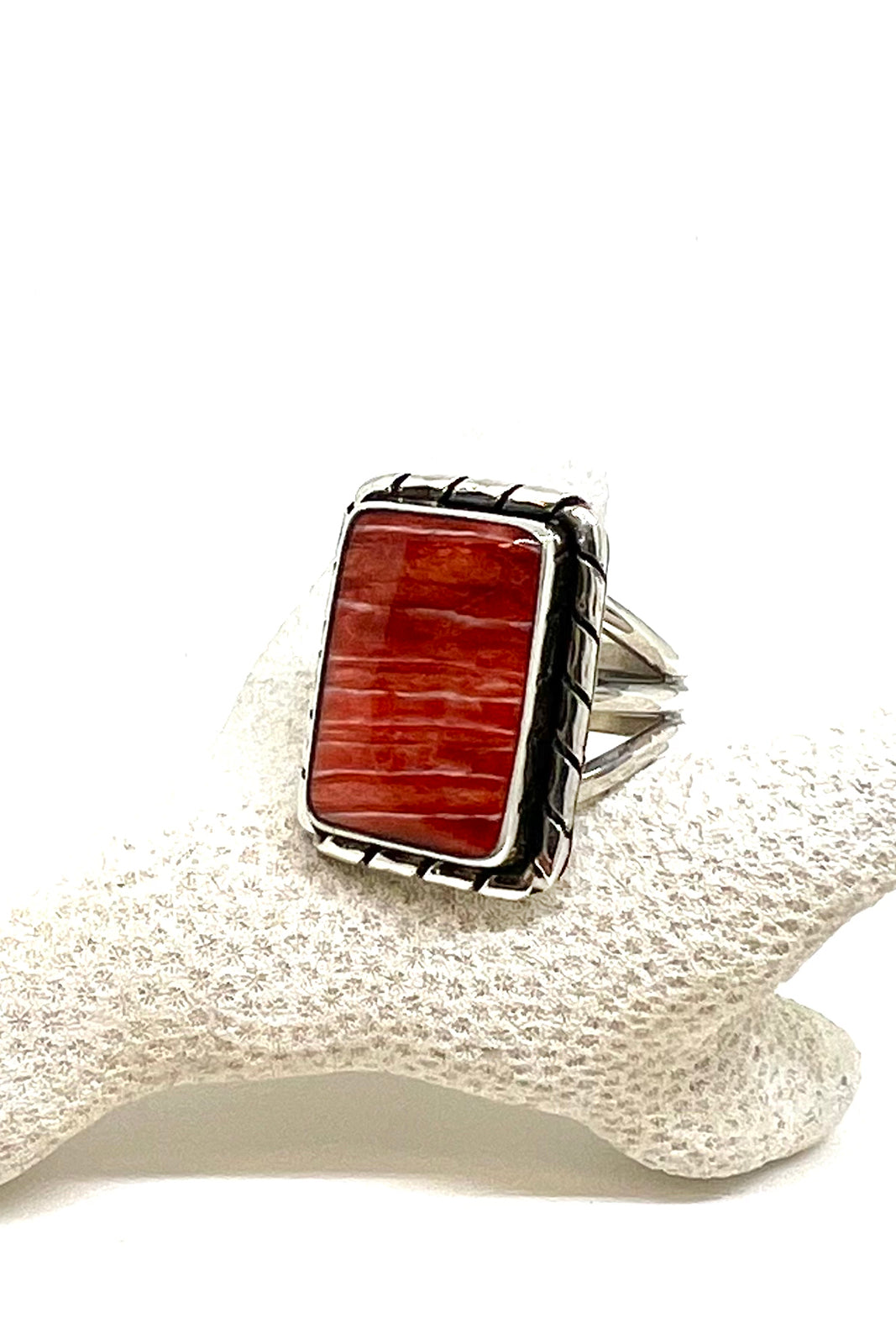 Navajo Red Spiny Shell Rectangle Ring (Size 8 ½) – Silver Eagle Gallery